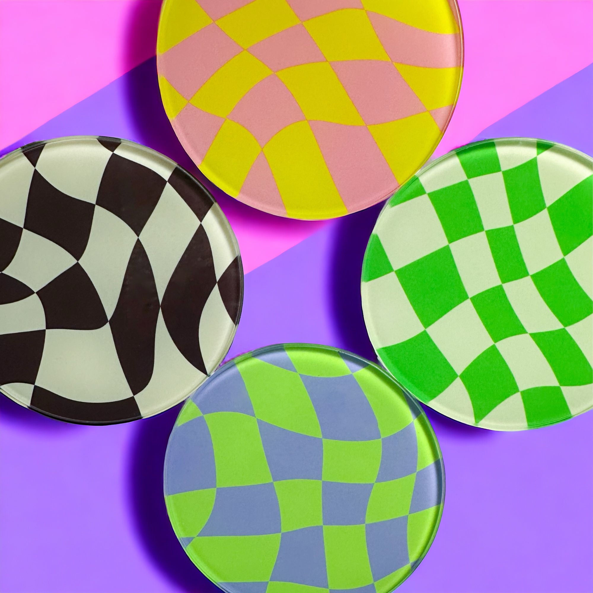 90s Wavy Check Dark Colourful 4 Piece Glass Coaster Set – Yililo